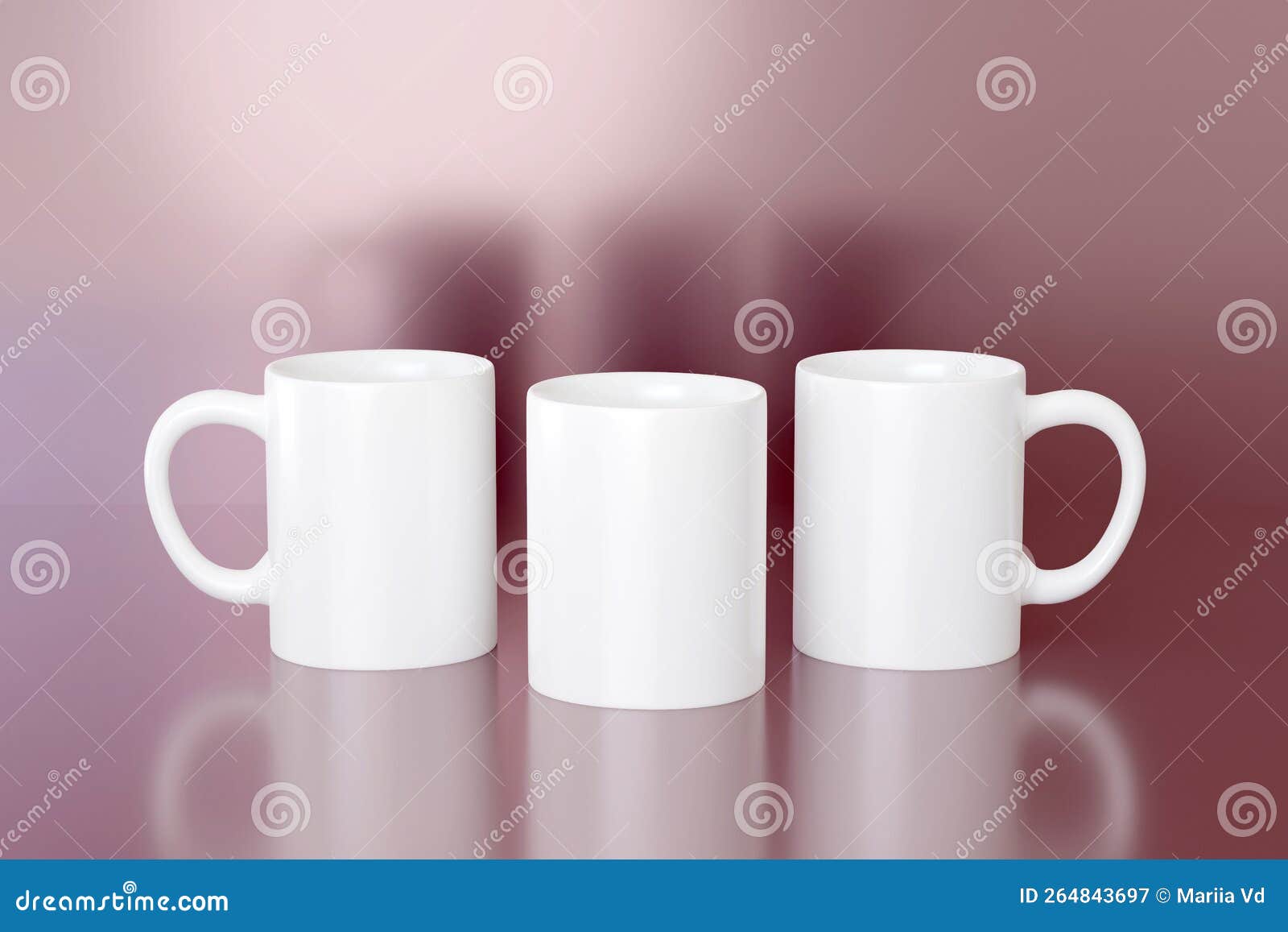 Three Mug Mockup Template on Pink Glossy Background. Cup Reflection on ...