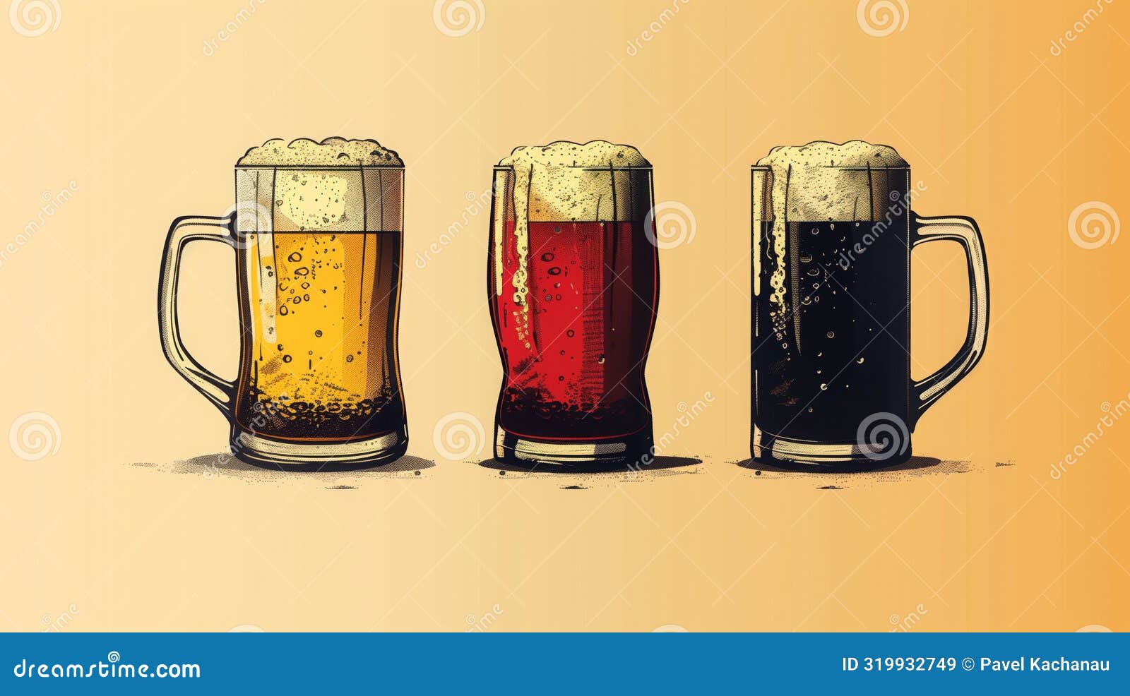 Three Mugs of Beer Lined Up on a Table Stock Illustration ...