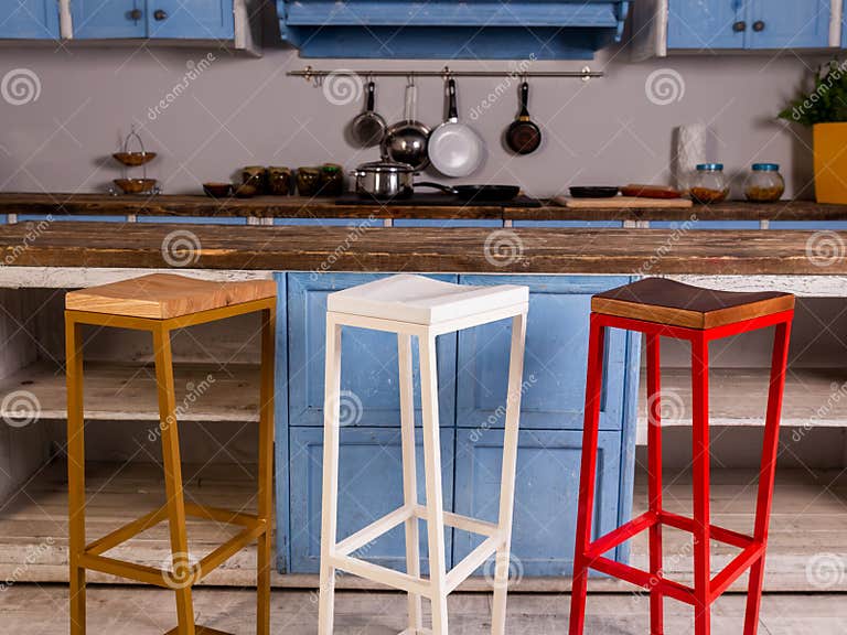 Three Multi-colored Bar Stools on the Kitchen Stock Image - Image of ...