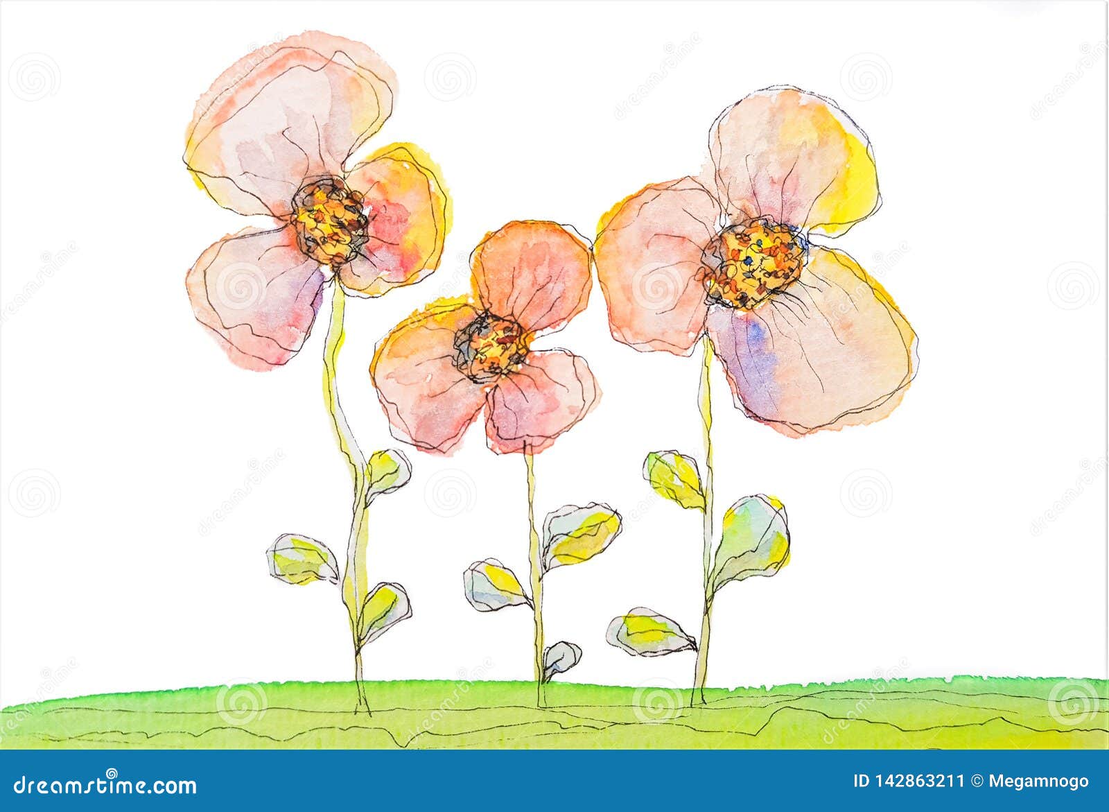 Three Multicolor Flowers Grow in a Field. Watercolor Drawing Stock ...