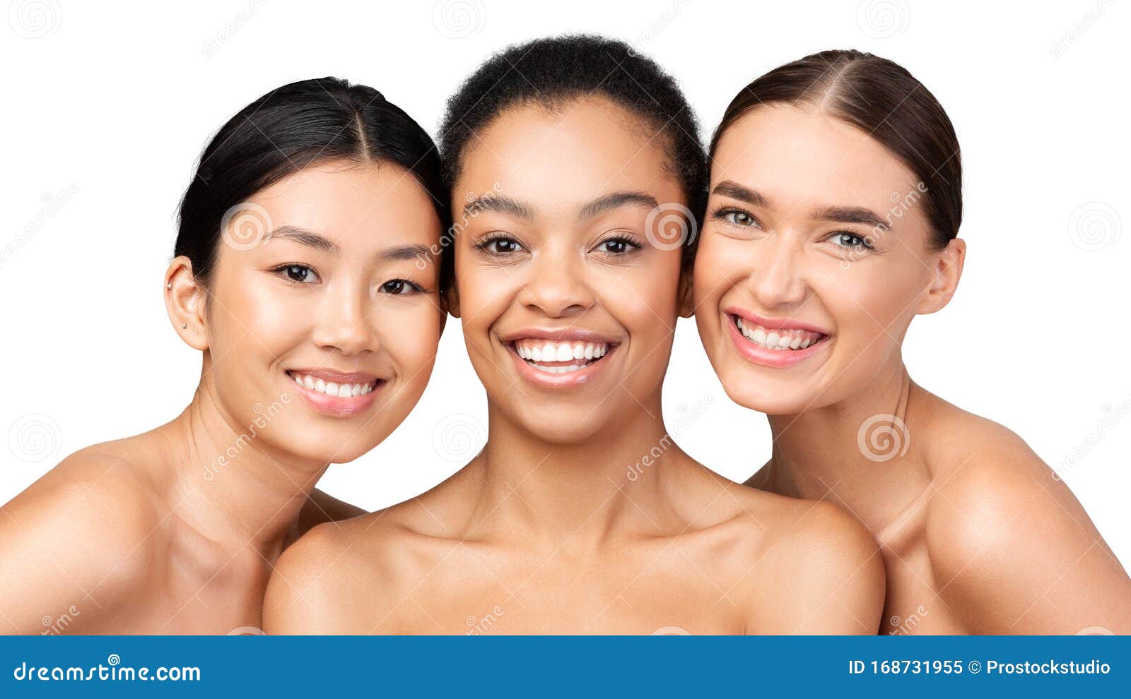 Three Multiracial Models Posing Smiling on White Studio Background ...