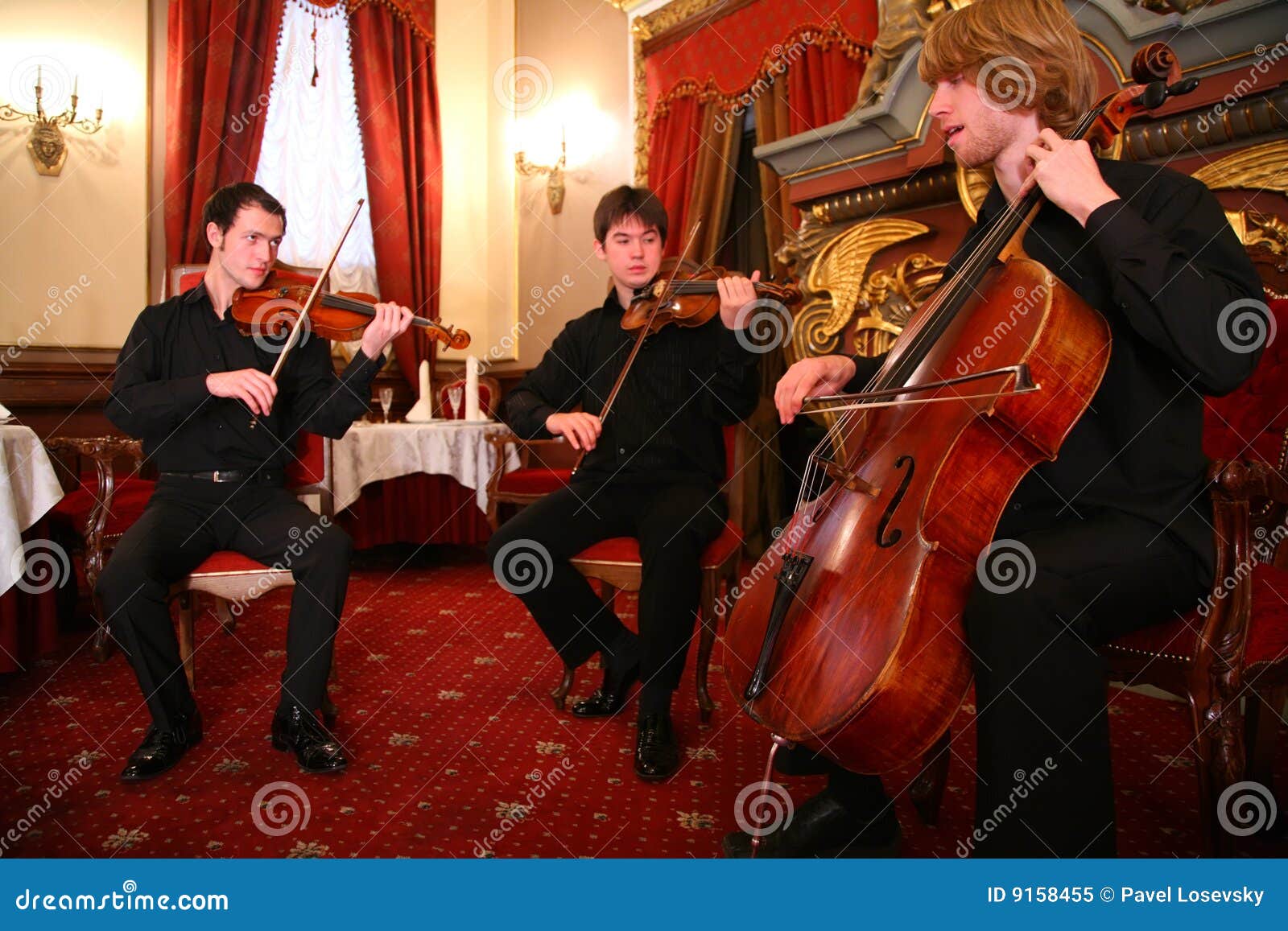 Three musicians stock image. Image of music, chair, decoration - 9158455