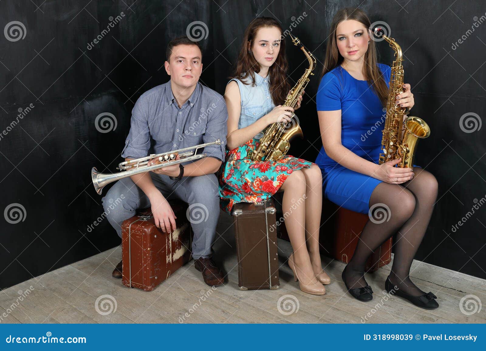 Three Musicians with Wind Instruments in Their Stock Image - Image of ...