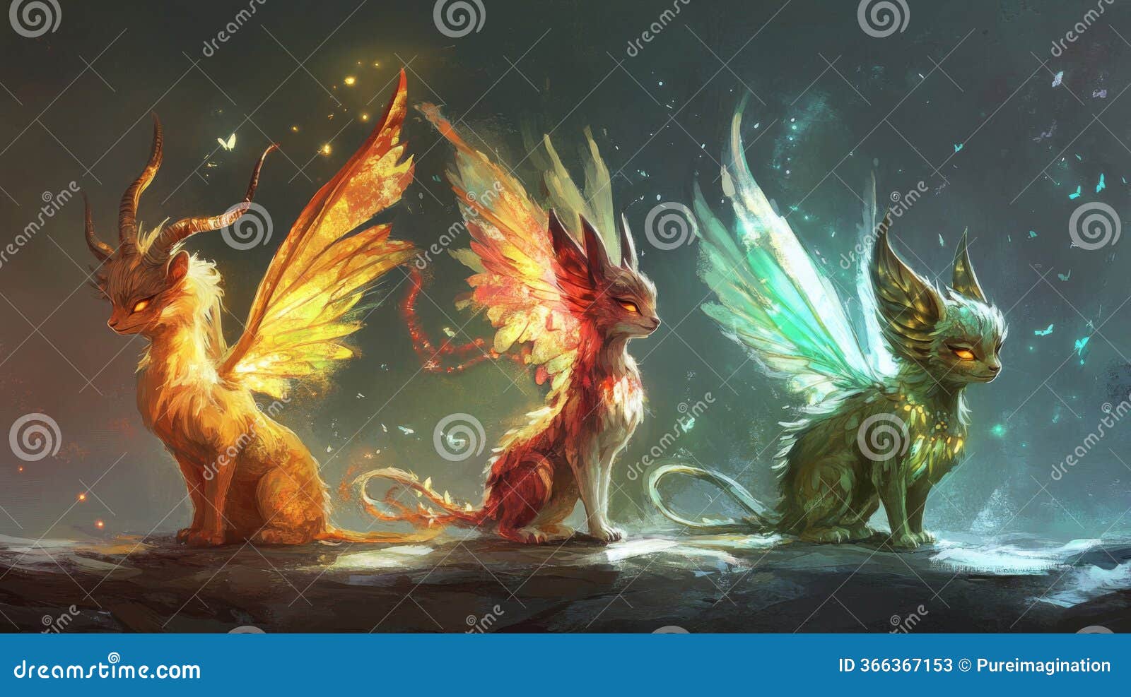 Three Mythical Winged Creatures In Dark Fantasy Setting Stock Image ...
