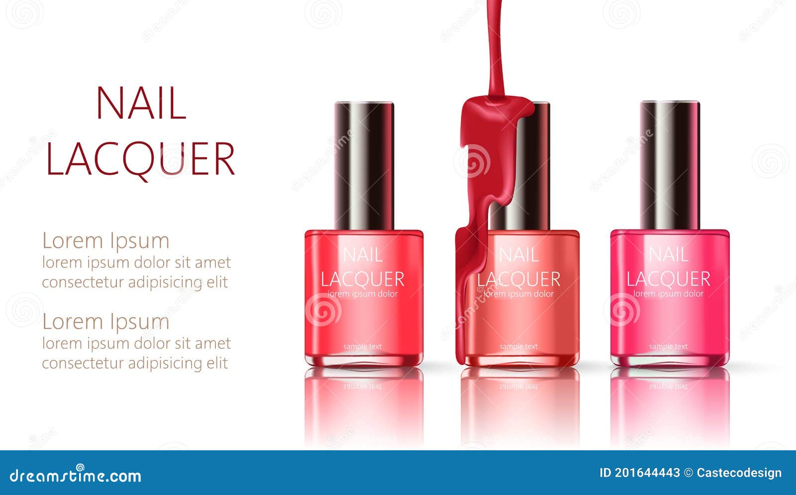 Three Nail Lacquer Containers with Liquid Pouring from Top. Realistic ...