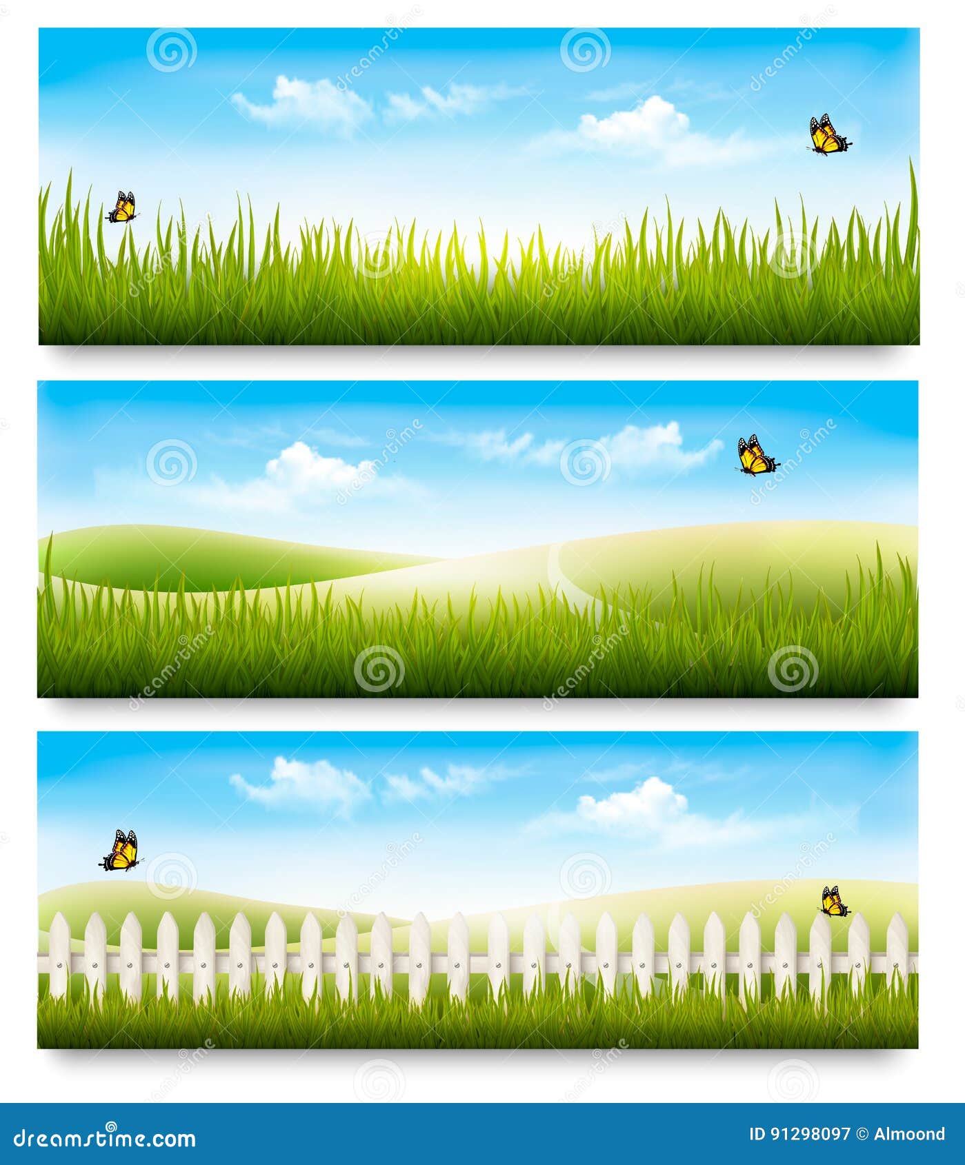Three Nature Summer Meadow Landscape Banners with Grass Stock Vector ...