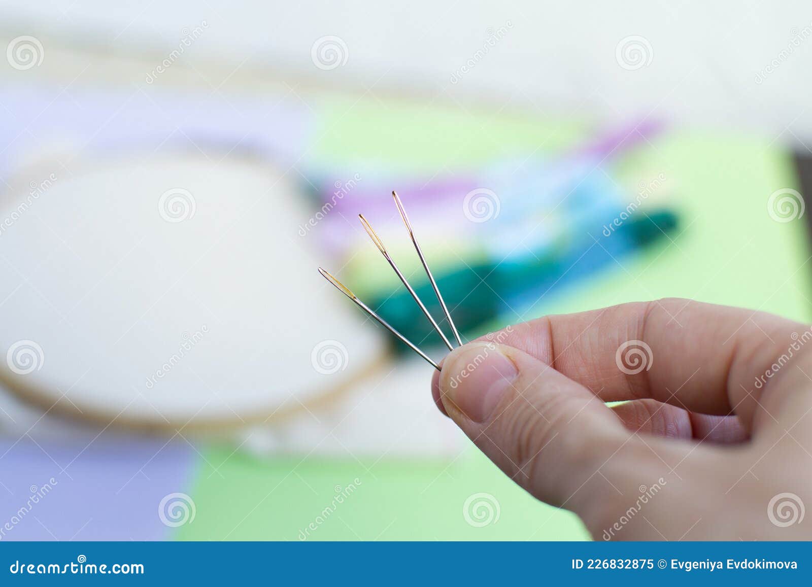 Three Needles with a Gilded Eye of a Needle with a Blurred Background ...