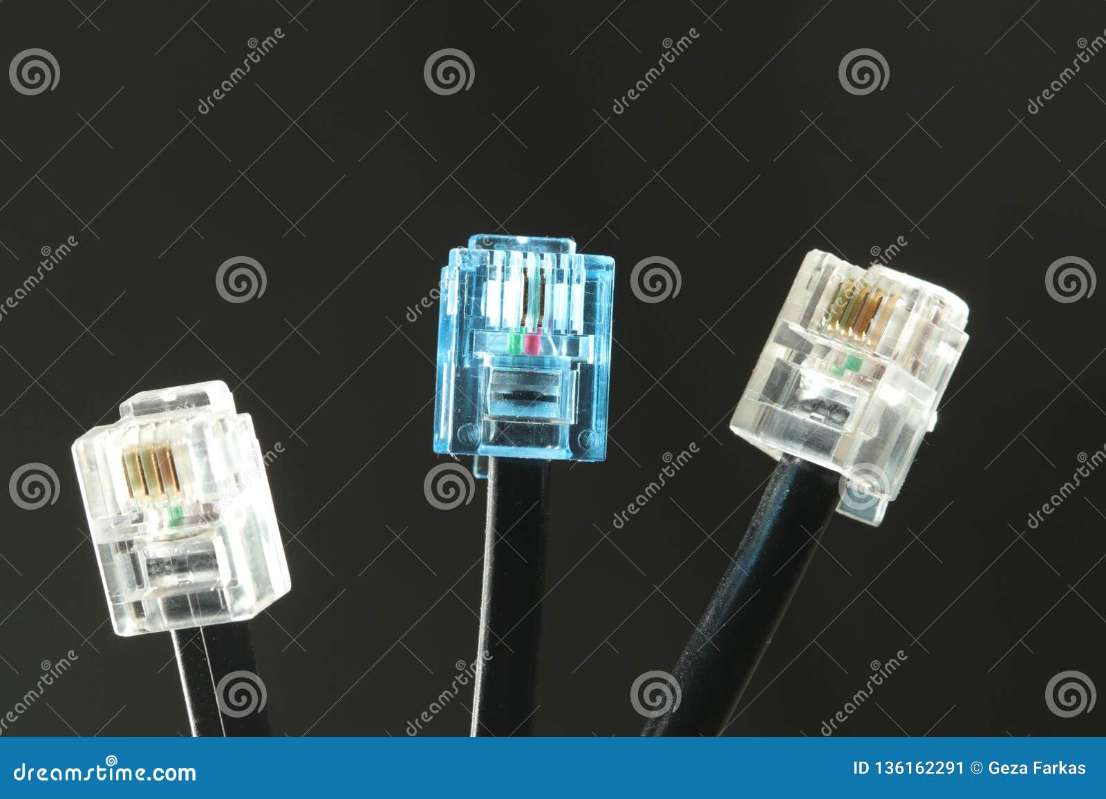 Three Telephone Cables with Connector on Black Stock Image - Image of ...