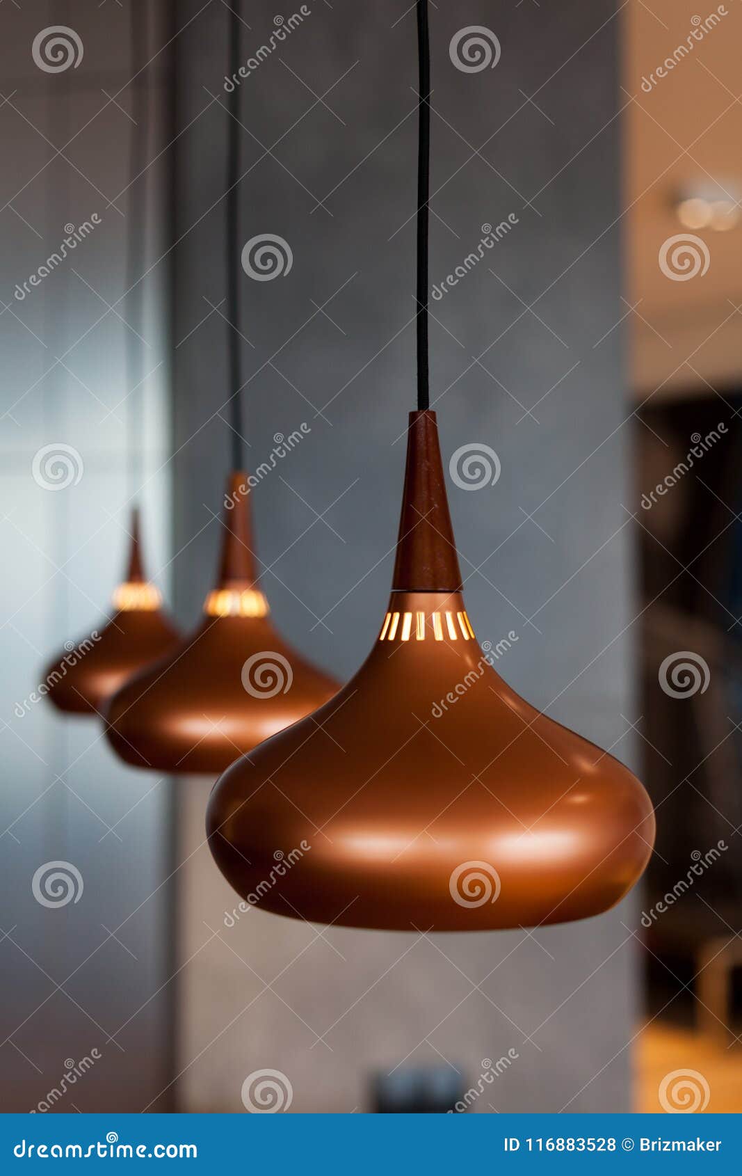 Three New Lamps Made of Copper Suspended from the Ceiling in the Dining ...