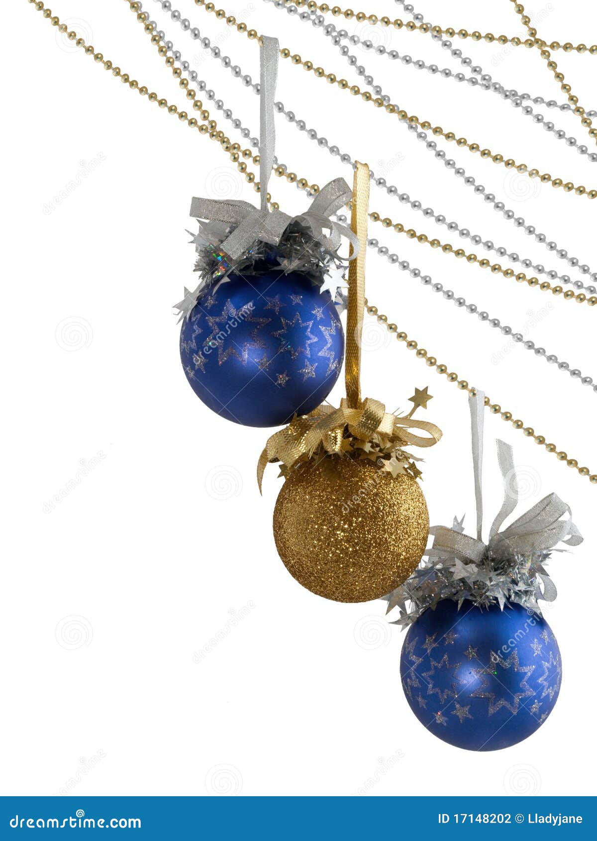 Three New Year Balls on Chains Stock Photo - Image of silver, yellow ...