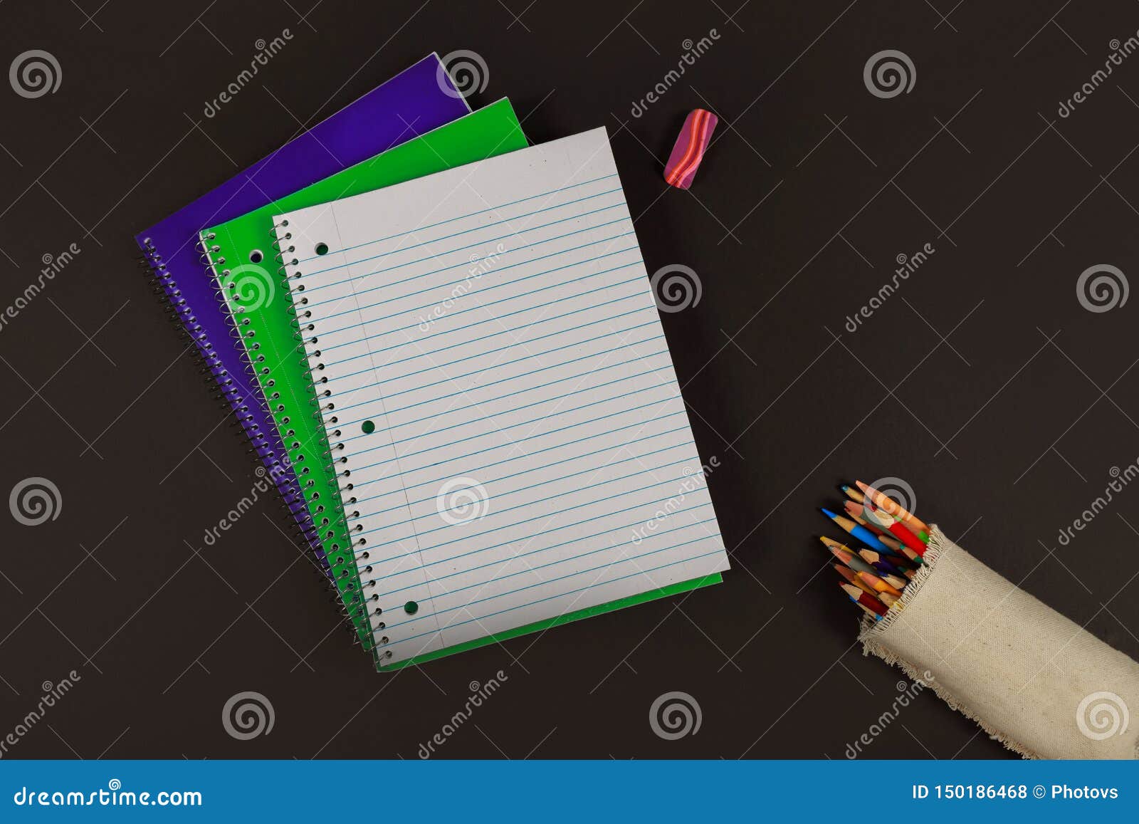 Three Notebooks and Colored Pencils School Supplies Stock Photo - Image ...