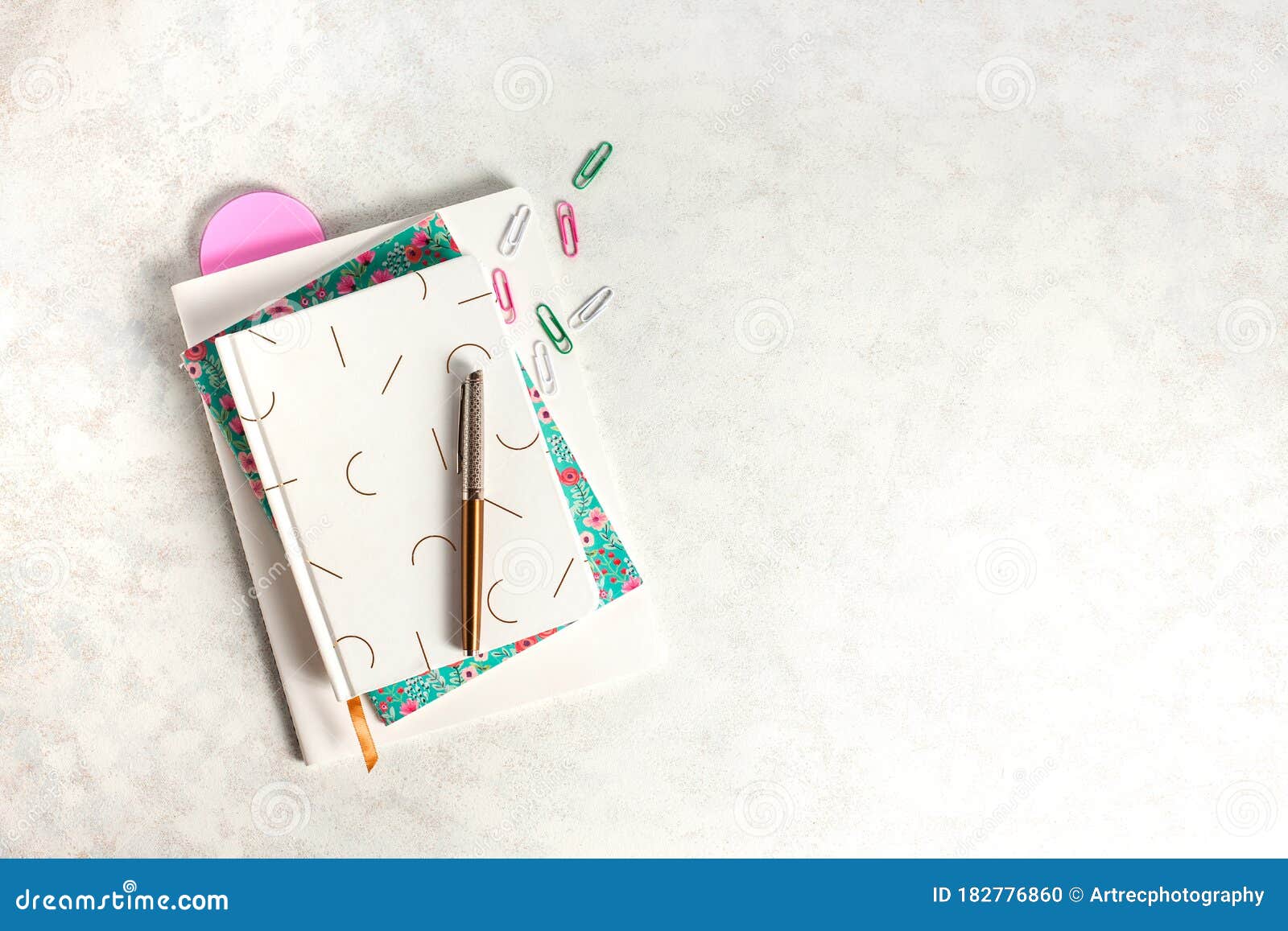 Three Notebooks on White Background with Ink Pen and Copy Spaces ...