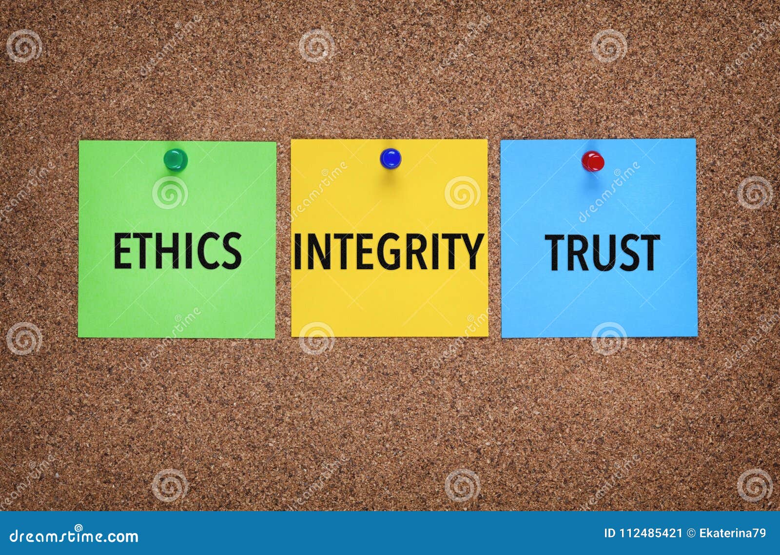 Three Notes on Corkboard with Words Integrity, Trust, Ethics. Stock ...