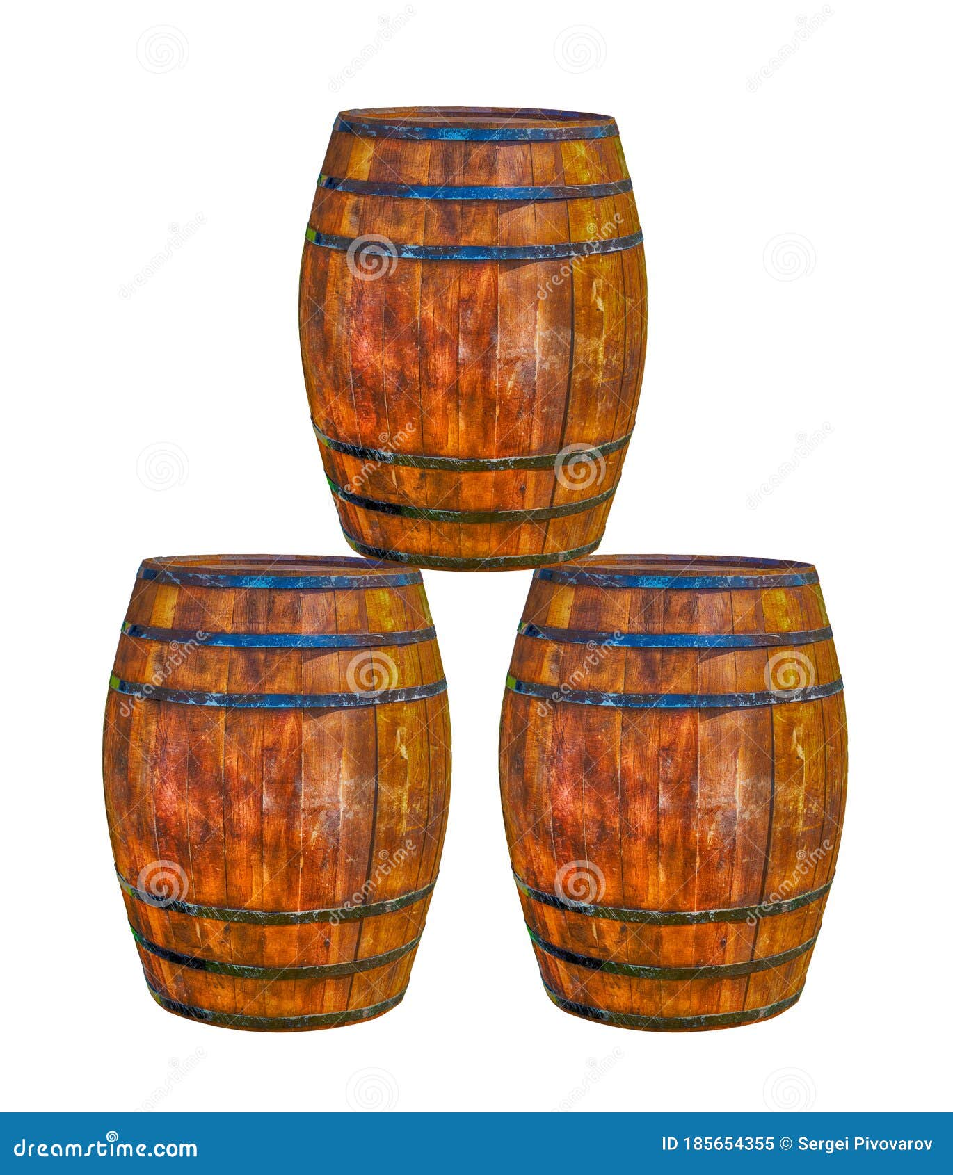 Three Oak Barrels Stack Triangular on a White Isolated Background Stock ...