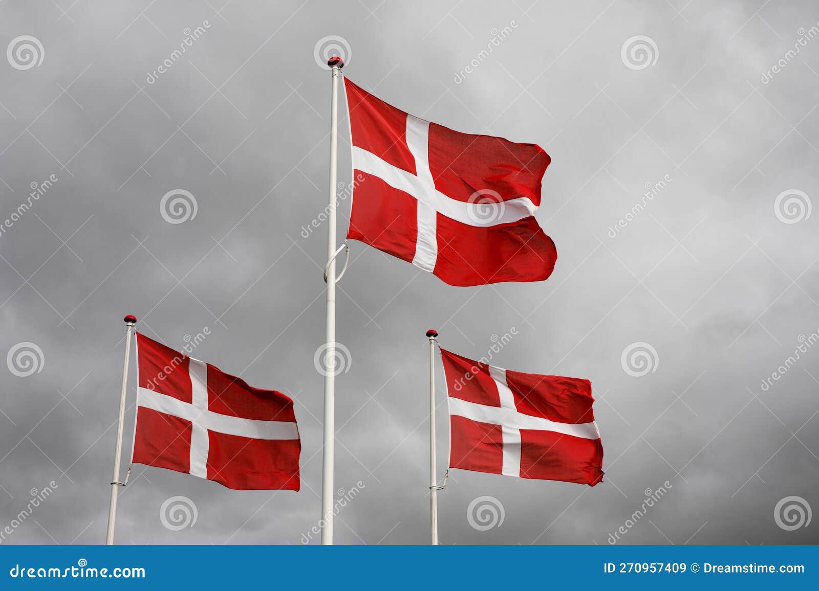 Three Official Denmark Flags Waving on the Wind. Stock Image - Image of ...