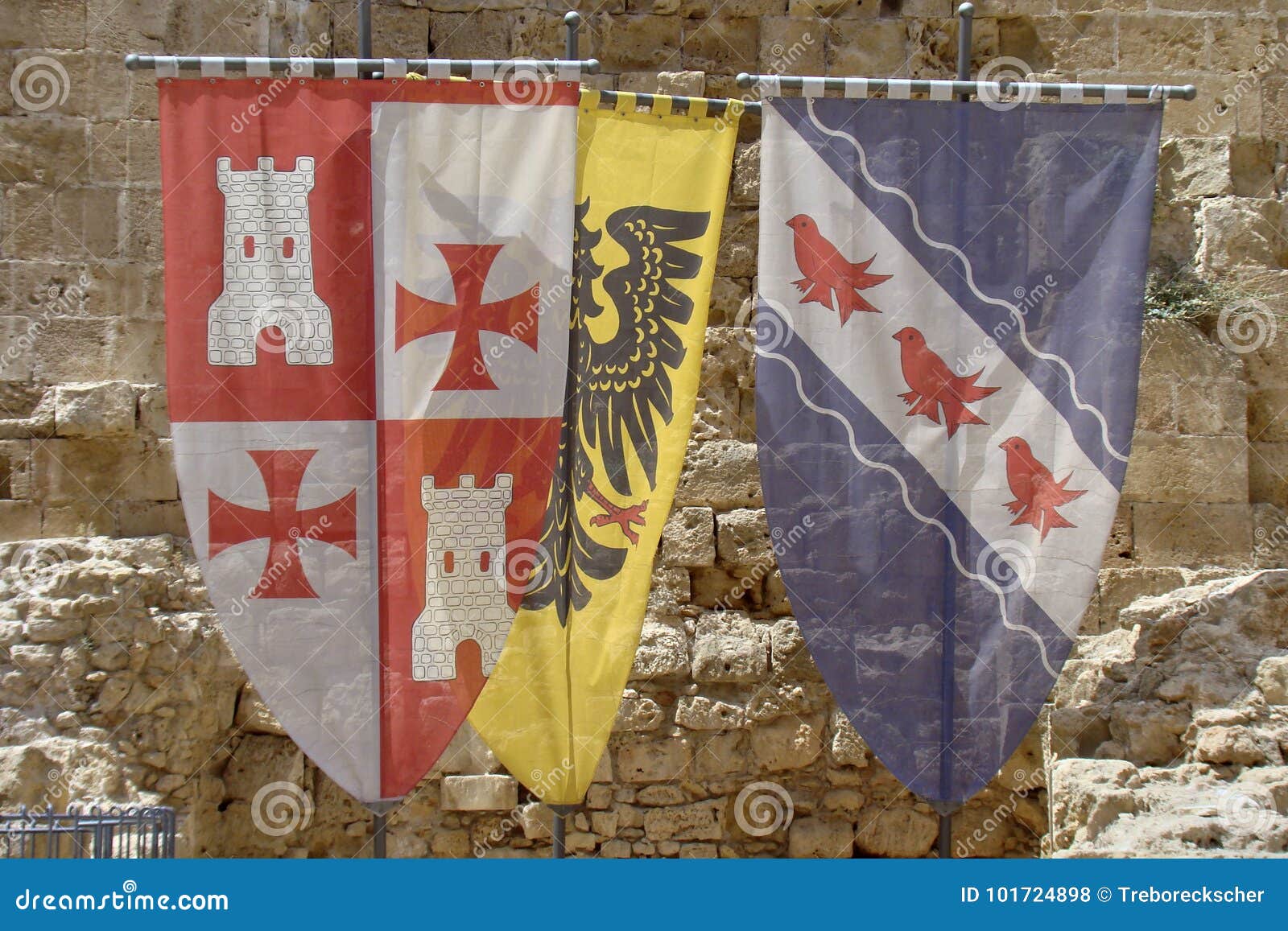 Three Old Crusaders Flags and Coat of Arms Stock Photo - Image of ...