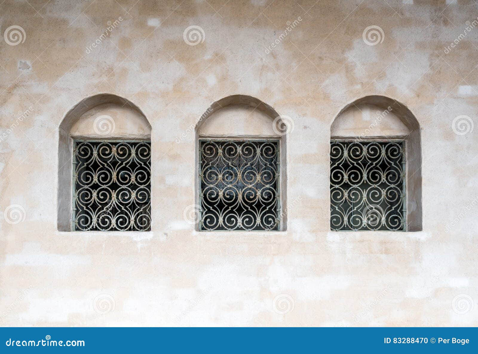 Three Old Deep Windows in Row with Iron Grating. Stock Photo - Image of ...