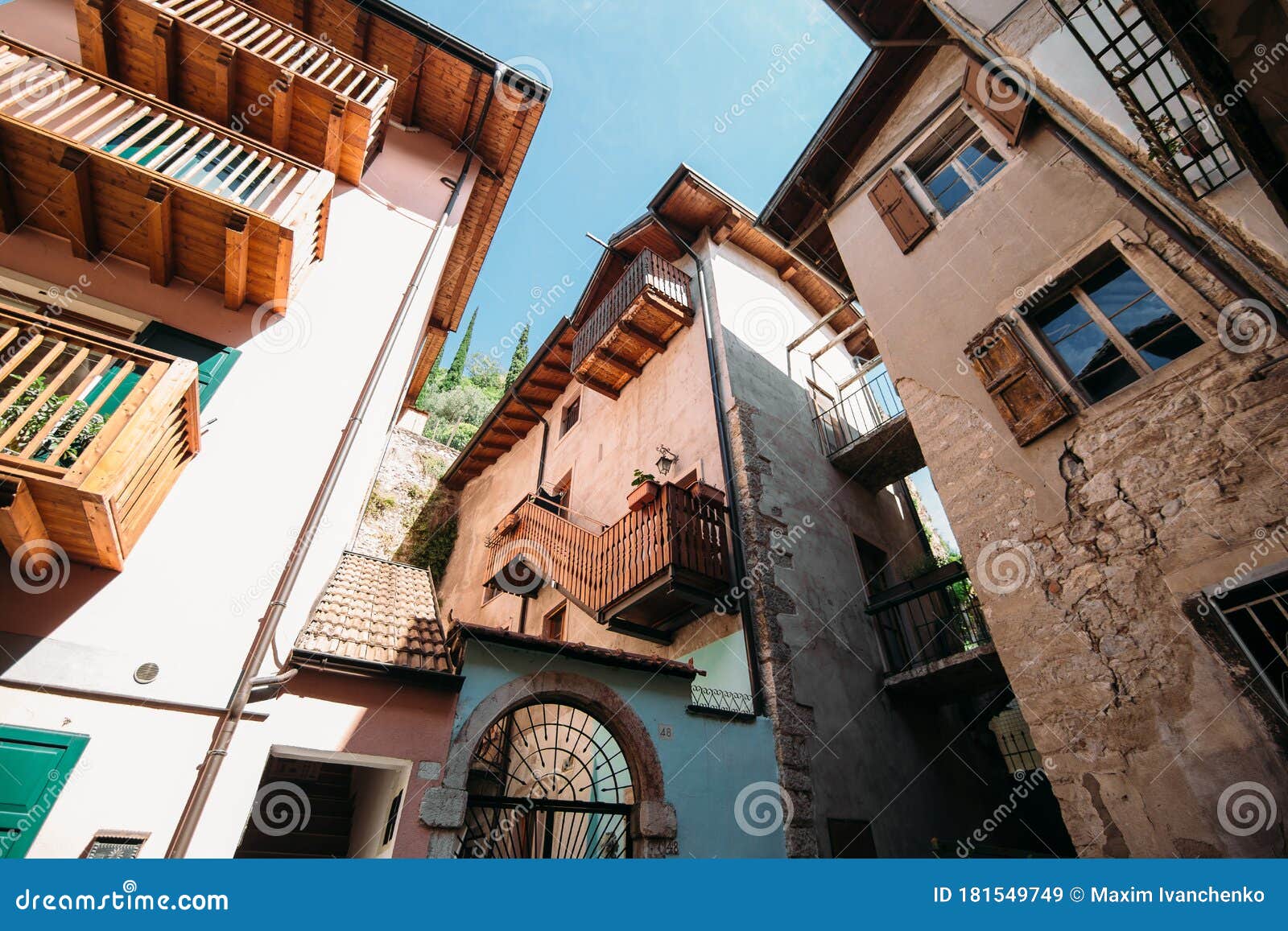 Three Old Houses Bottom View Against the Blue Sky Stock Image - Image ...