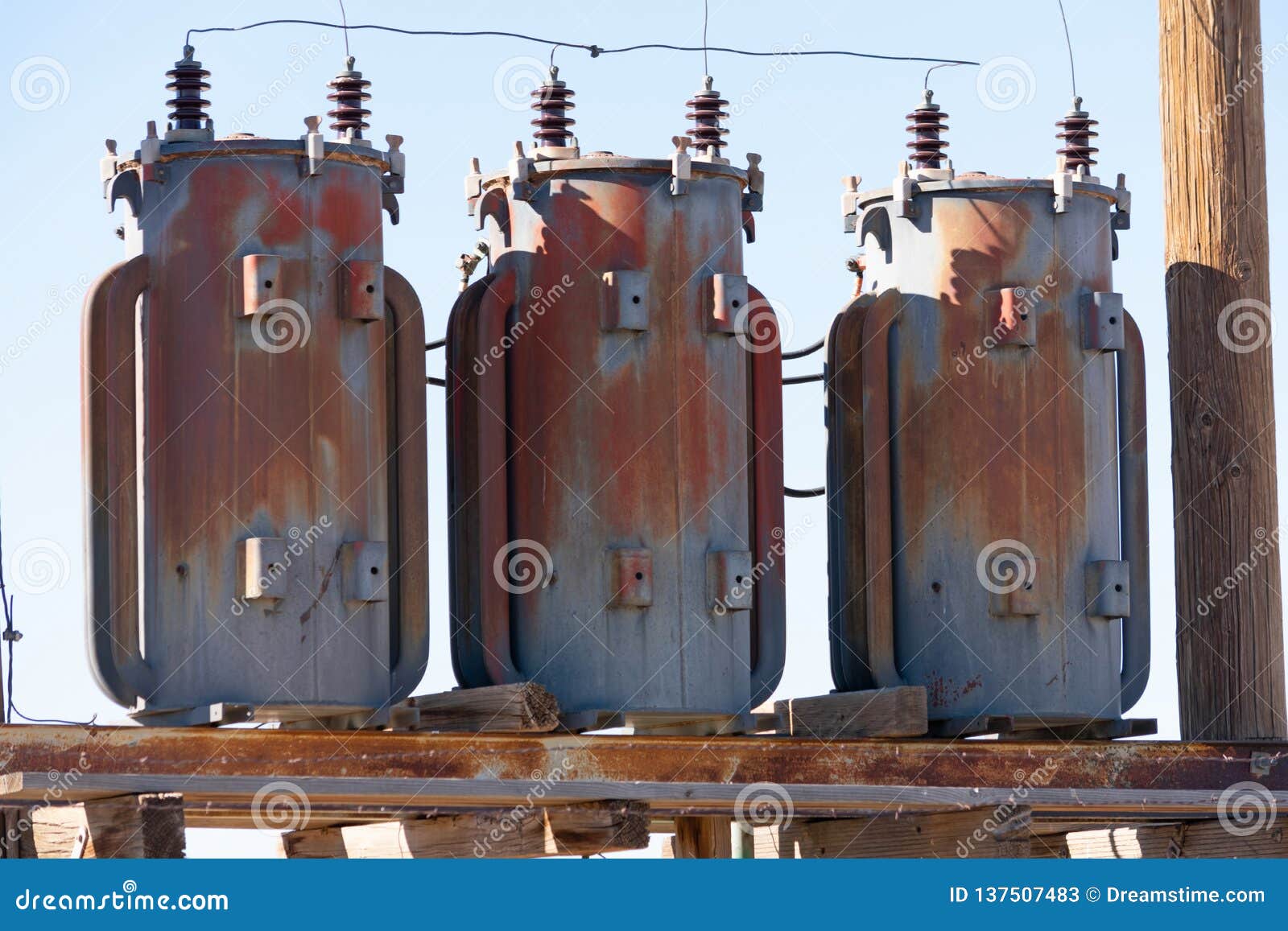 Old Electrical Transformers on a Wooden Structure Stock Image - Image ...