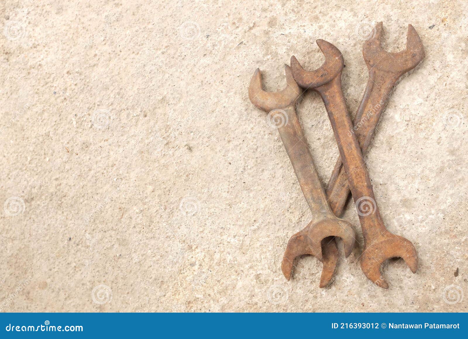 Copy Space Three Old Rusted Spanner Wrenches Mechanic Tool on Grey ...