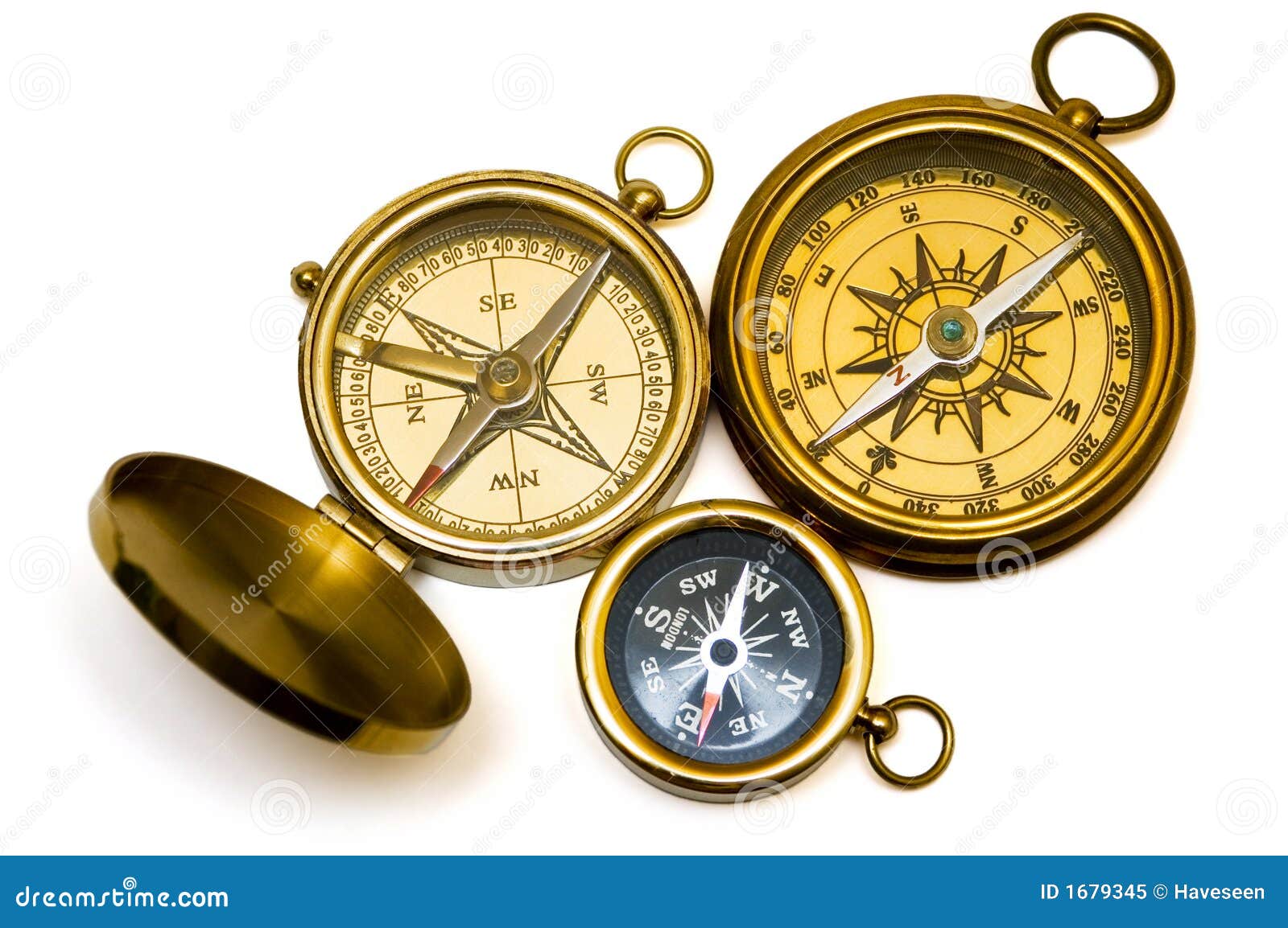 Three Old Style Brass Compasses Stock Image - Image of isolated, locate ...