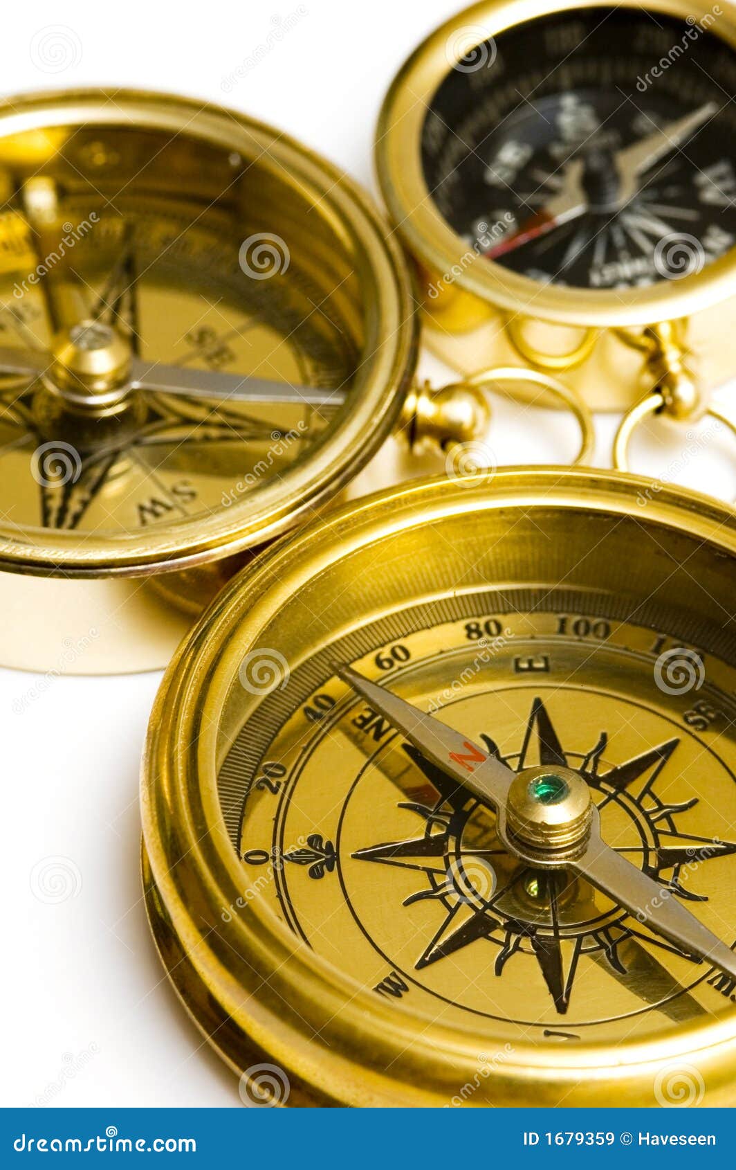 Three Old Style Brass Compasses Stock Image - Image of macro, outdoor ...