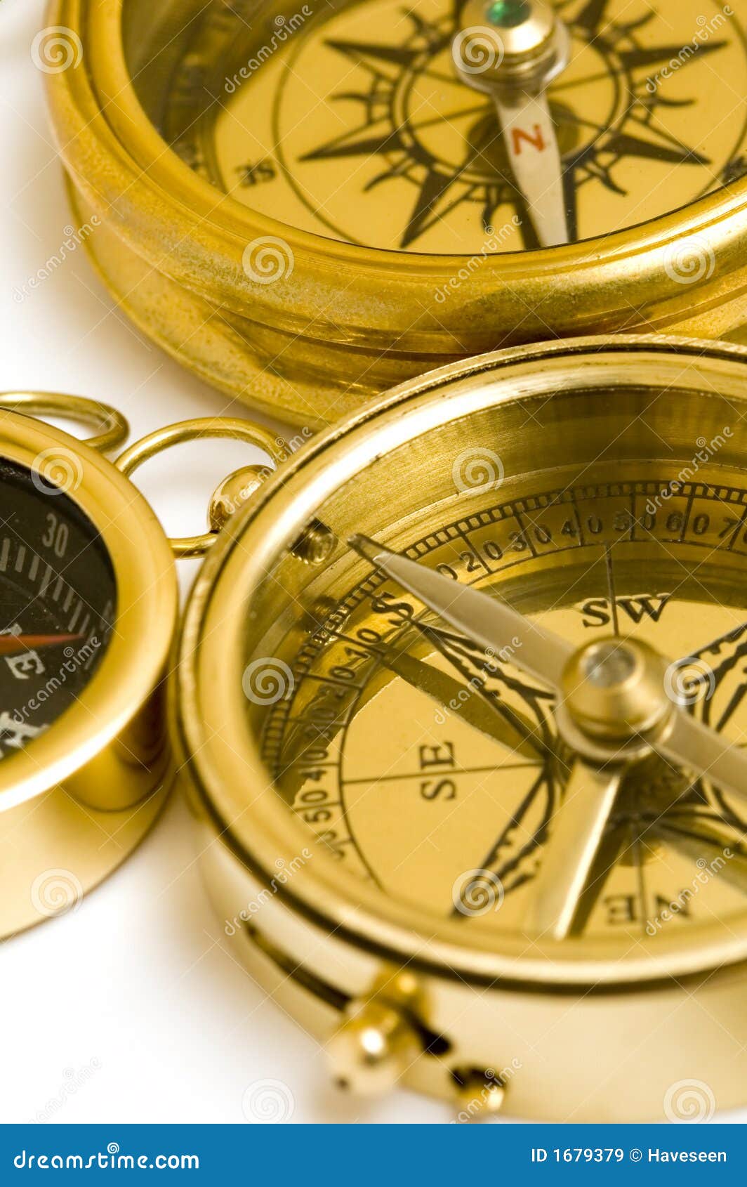 Three Old Style Brass Compasses Stock Image - Image of path, journey ...
