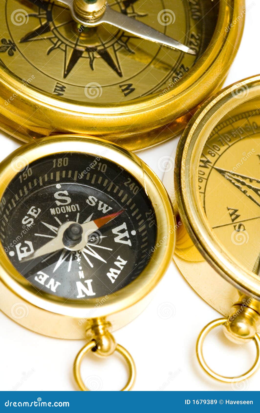 Three Old Style Brass Compasses Stock Image - Image of camping ...