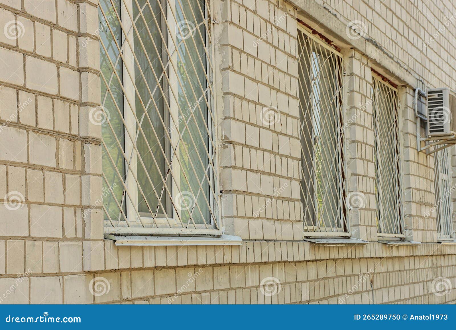 Three Old White Windows Behind an Iron Grate Stock Photo - Image of ...