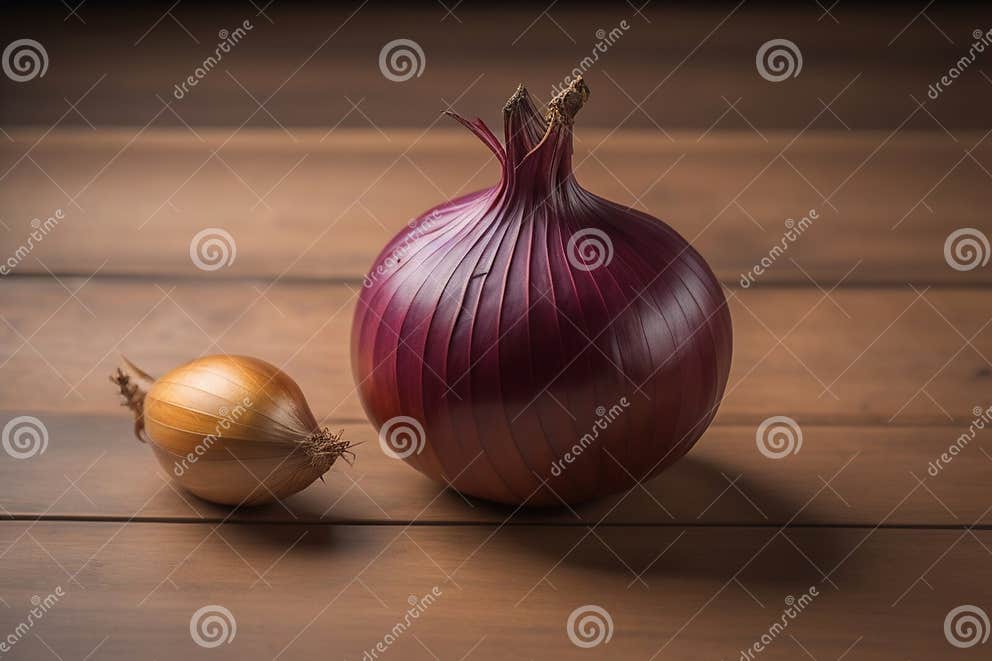 Three Onions on a Wooden Table in Front of a Solid Color Background. Ai ...