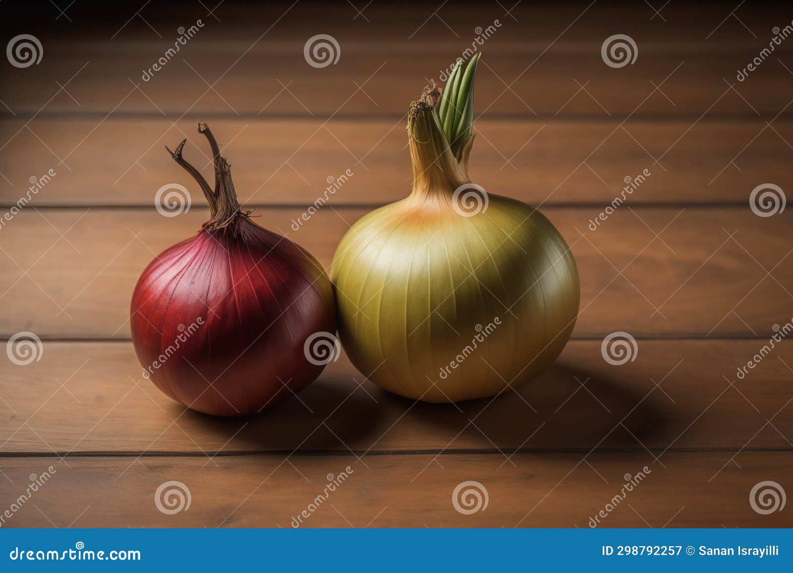 Three Onions on a Wooden Table in Front of a Solid Color Background. Ai ...