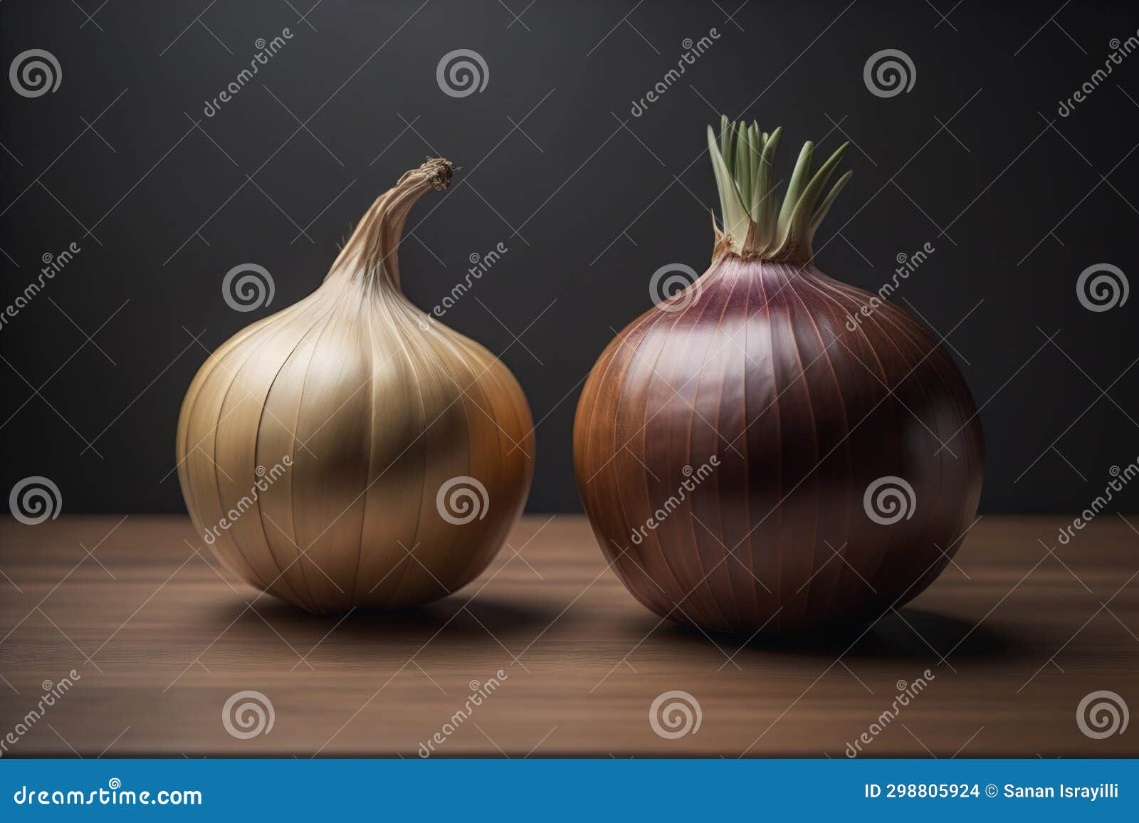 Three Onions on a Wooden Table in Front of a Solid Color Background. Ai ...