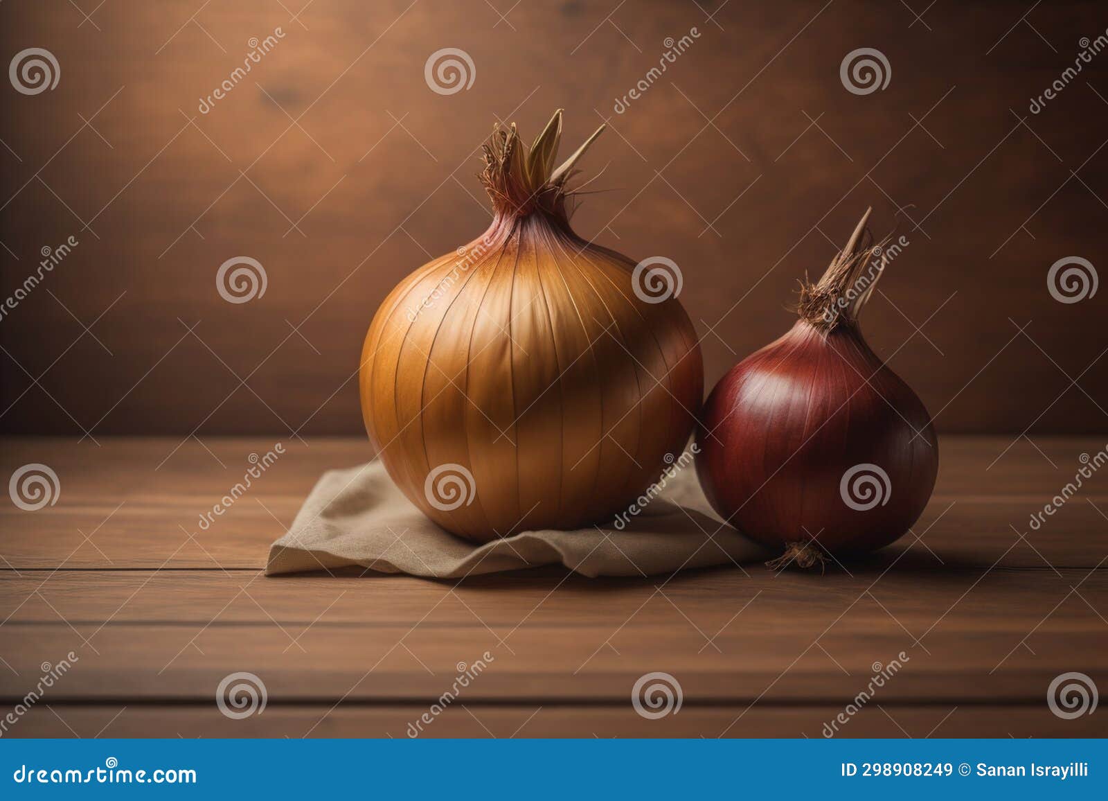 Three Onions on a Wooden Table in Front of a Solid Color Background. Ai ...