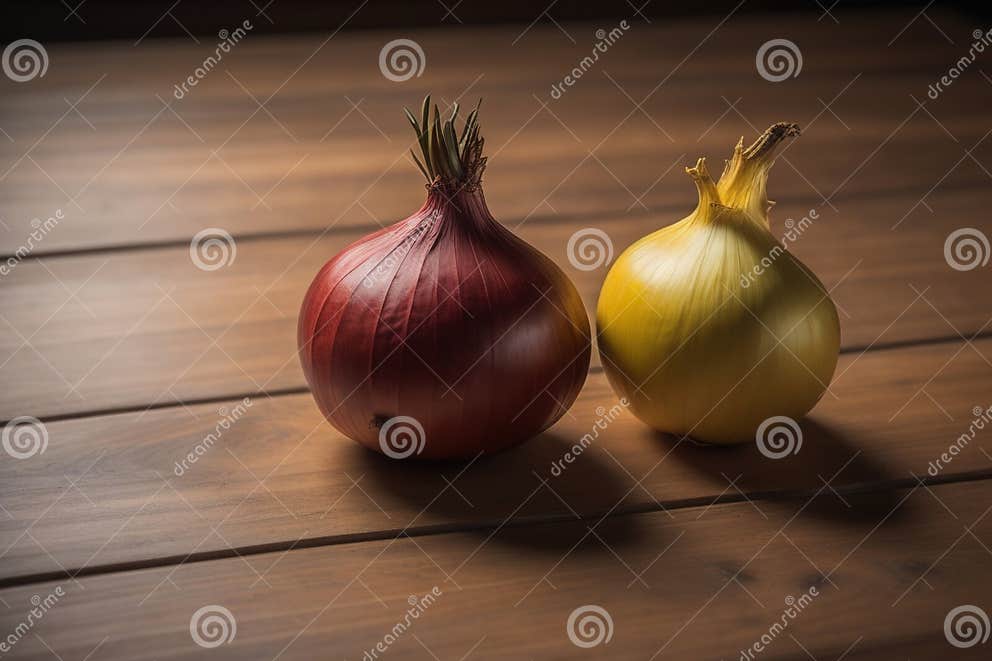 Three Onions on a Wooden Table in Front of a Solid Color Background. Ai ...