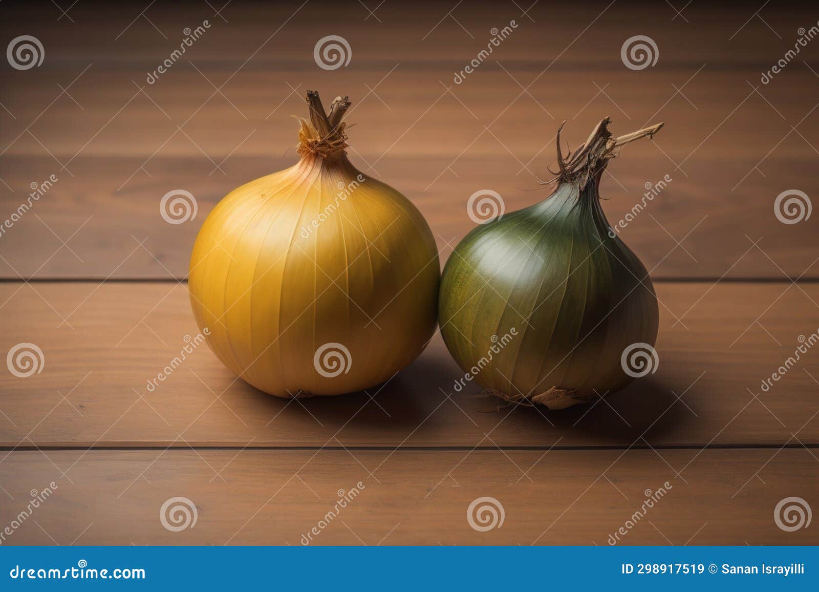 Three Onions on a Wooden Table in Front of a Solid Color Background. Ai ...