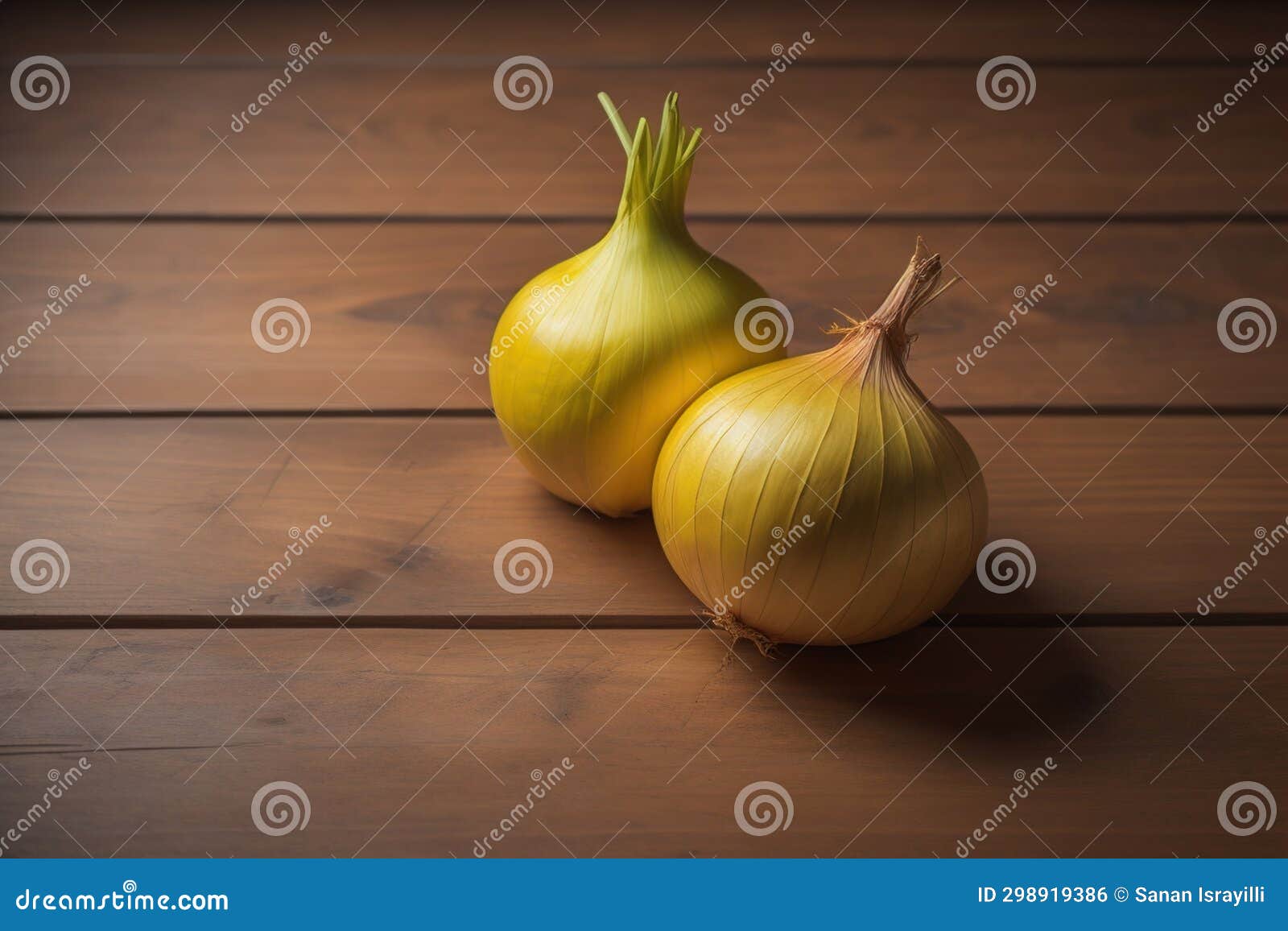 Three Onions on a Wooden Table in Front of a Solid Color Background. Ai ...
