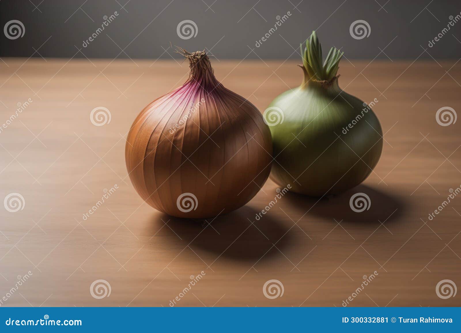 Three Onions on a Wooden Table in Front of a Solid Color Background. Ai ...