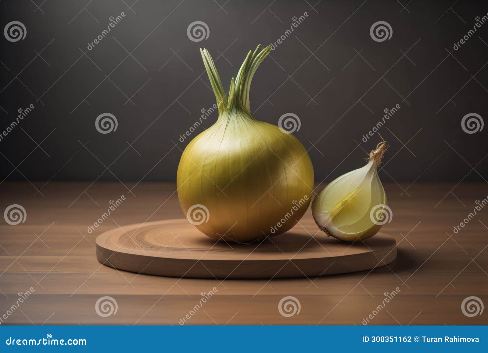 Three Onions on a Wooden Table in Front of a Solid Color Background. Ai ...