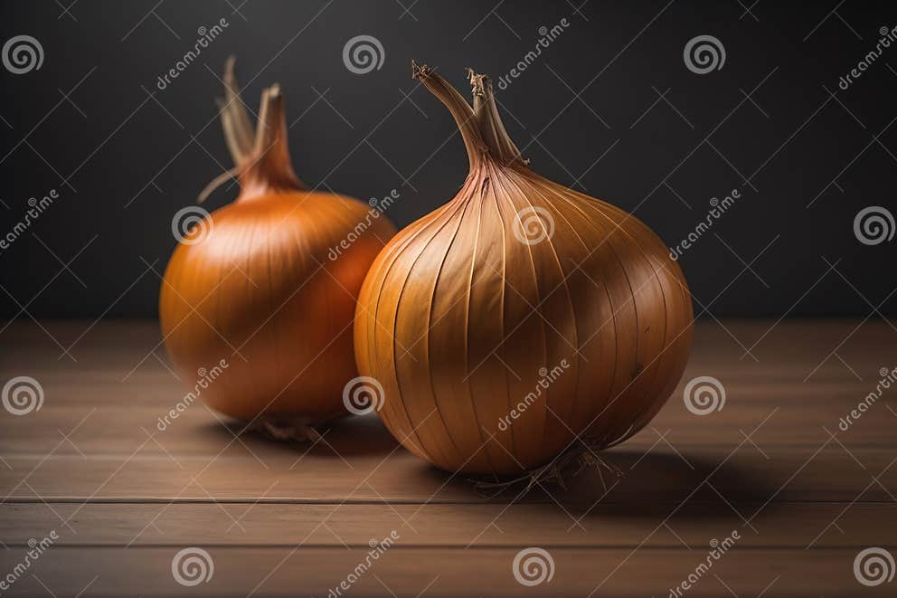 Three Onions on a Wooden Table in Front of a Solid Color Background. Ai ...
