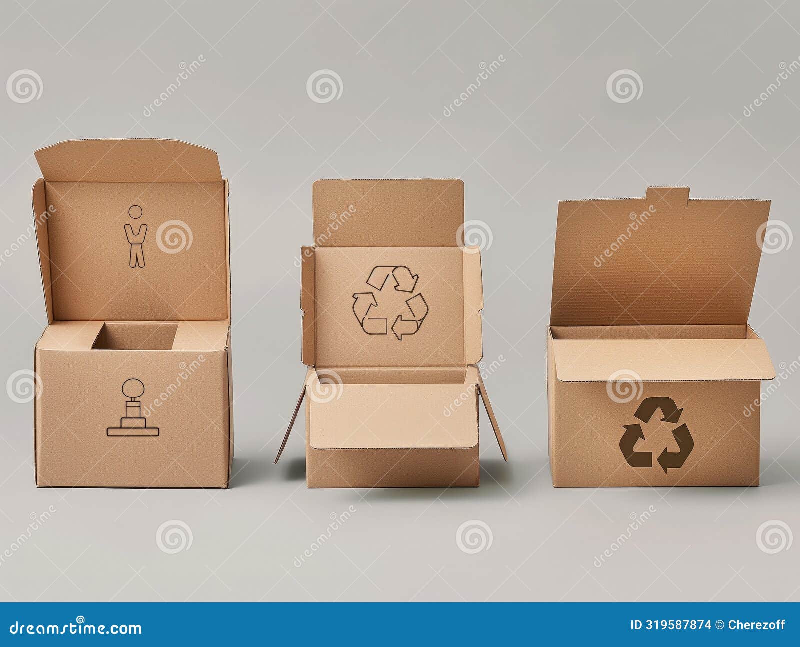 Three Open Cardboard Boxes with Recycling Symbols Stock Photo - Image ...