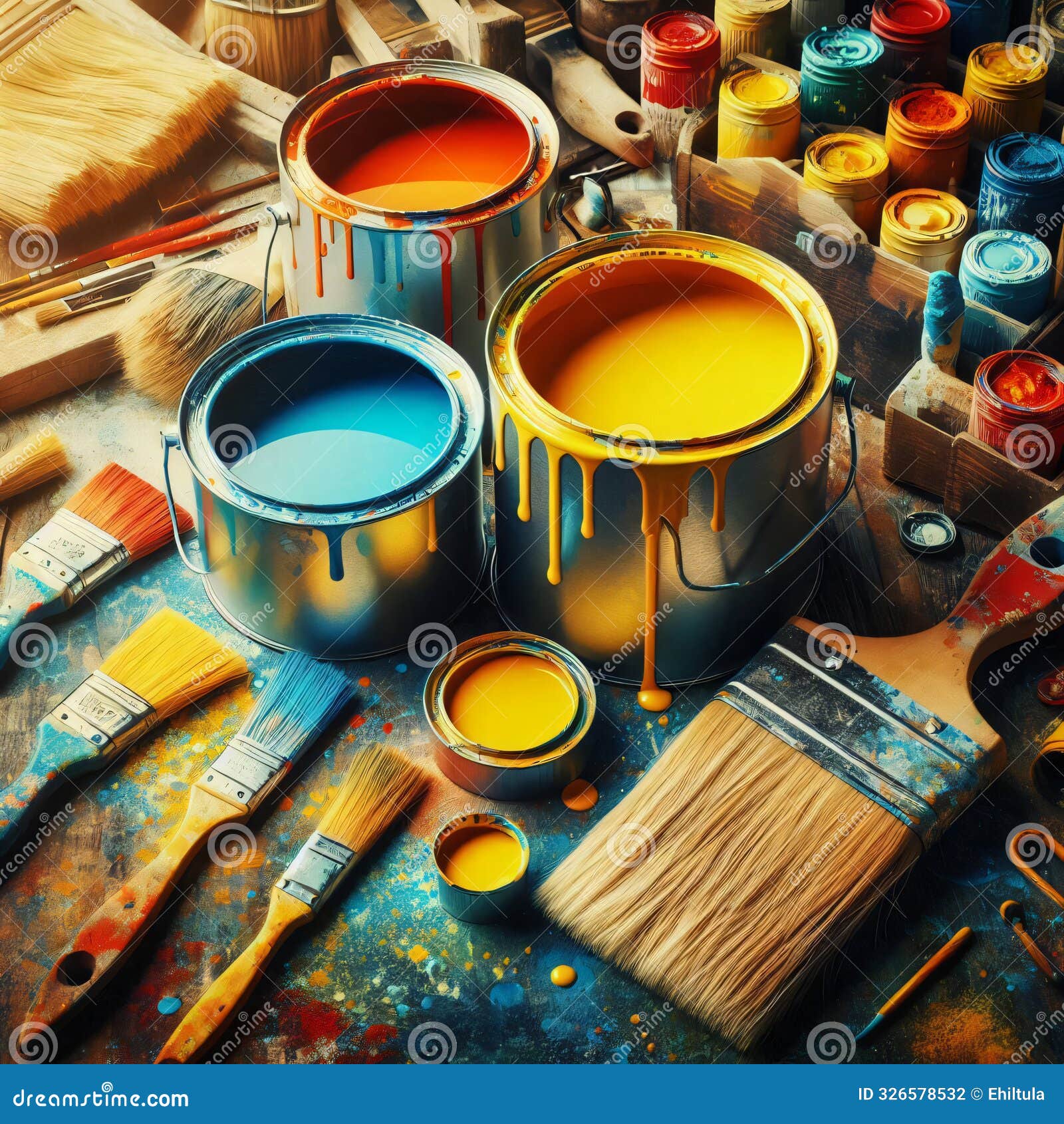 Three Open Paint Cans with Brushes Stock Illustration - Illustration of ...