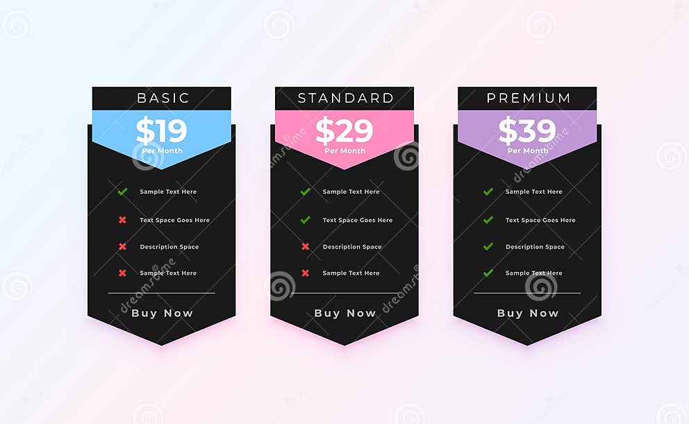 Three Option Subscription Pricing Plan Table Layout Design Stock Vector ...
