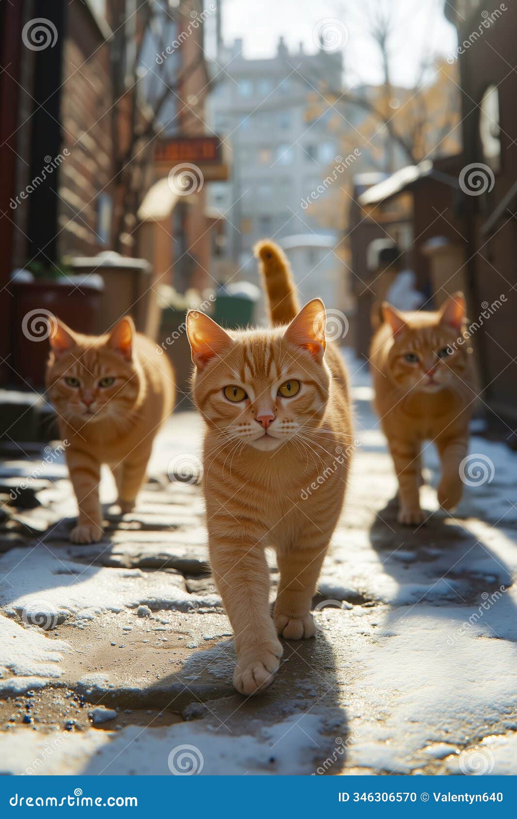 Three Orange Cats Walking Down a Snowy Street Stock Photo - Image of ...
