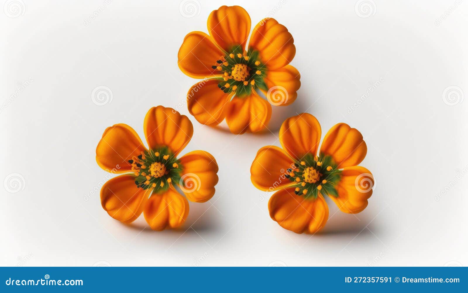 Three Orange Flowers with Green Centers on a White Surface with a White ...