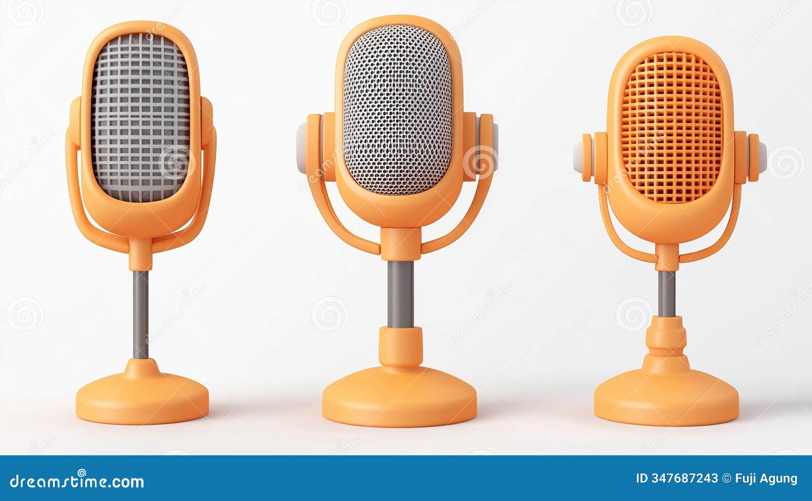 Three Orange Retro Microphones in Different Angles on White Background ...