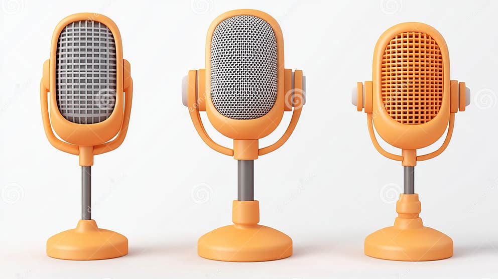 Three Orange Retro Microphones in Different Angles on White Background ...