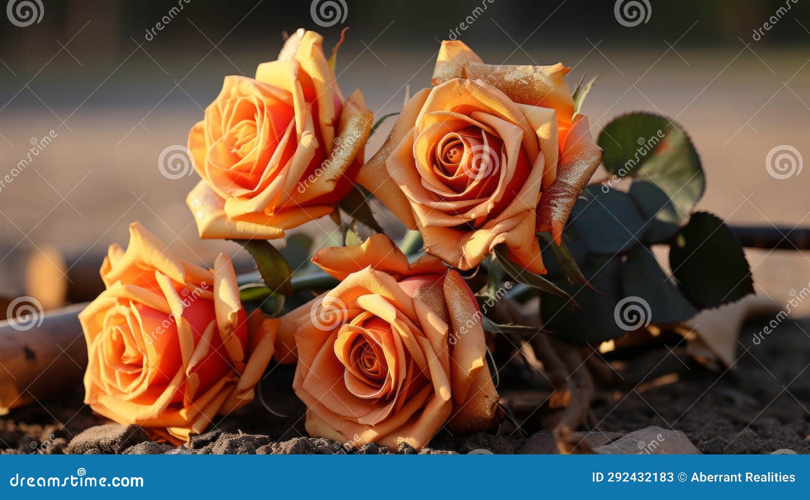 Three Orange Roses Laying on the Ground Next To Each Other Stock ...
