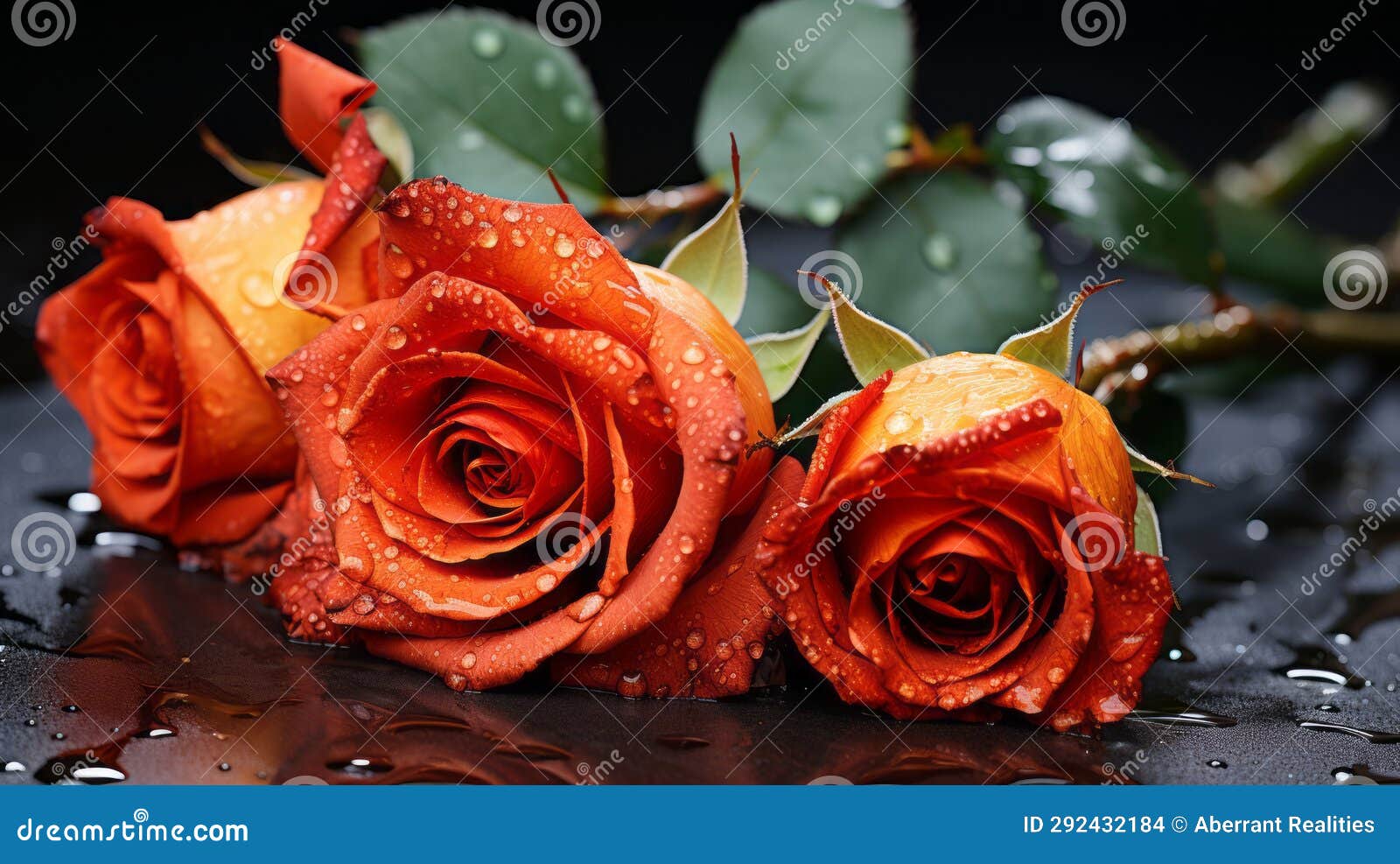 Three Orange Roses with Water Droplets on a Black Surface Stock ...