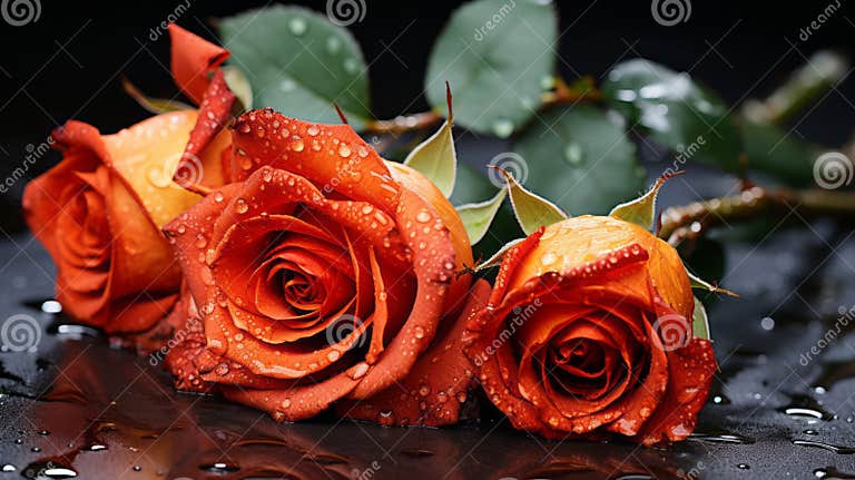 Three Orange Roses with Water Droplets on a Black Surface Stock ...