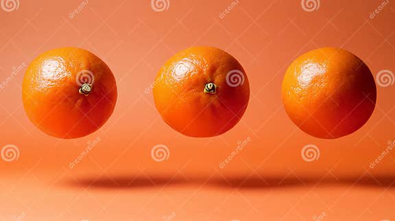 Three Oranges are Floating in the Air Above a Red Background Stock ...